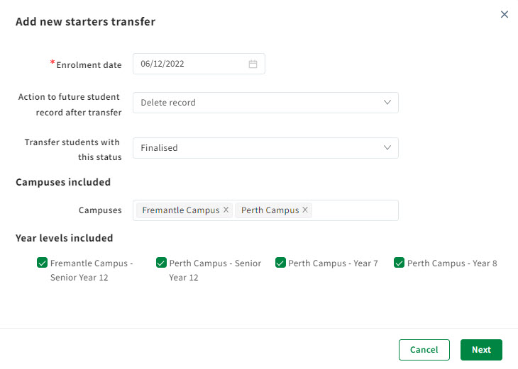 Bulk transfer future students (new starters) to current students