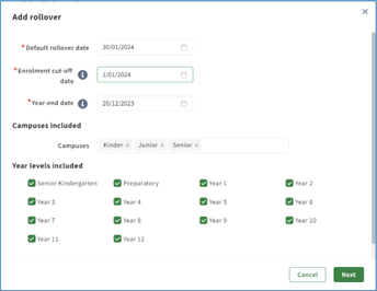 Rollover current students to the next year level