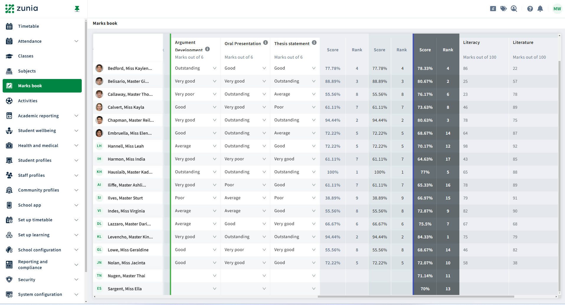 Add grades and comments to a marks book